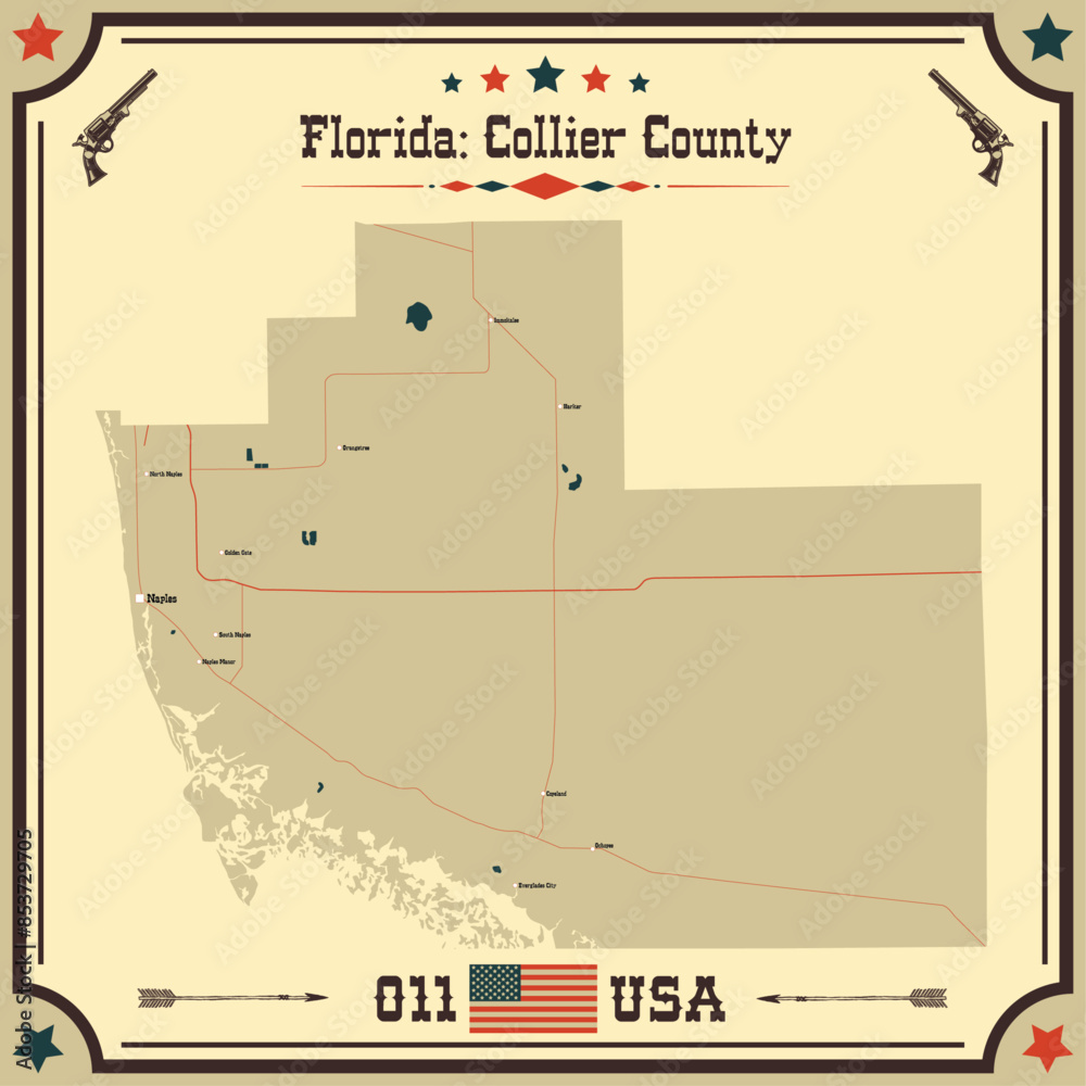 Large and accurate map of Collier County, Florida, USA with vintage ...