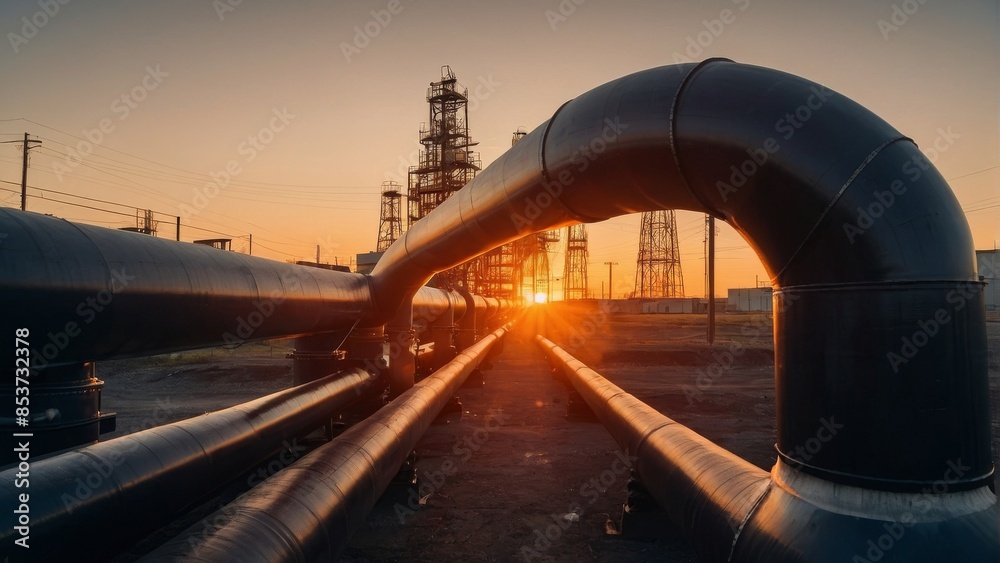 Picture of a gas pipeline with gas flares and industrial buildings at ...