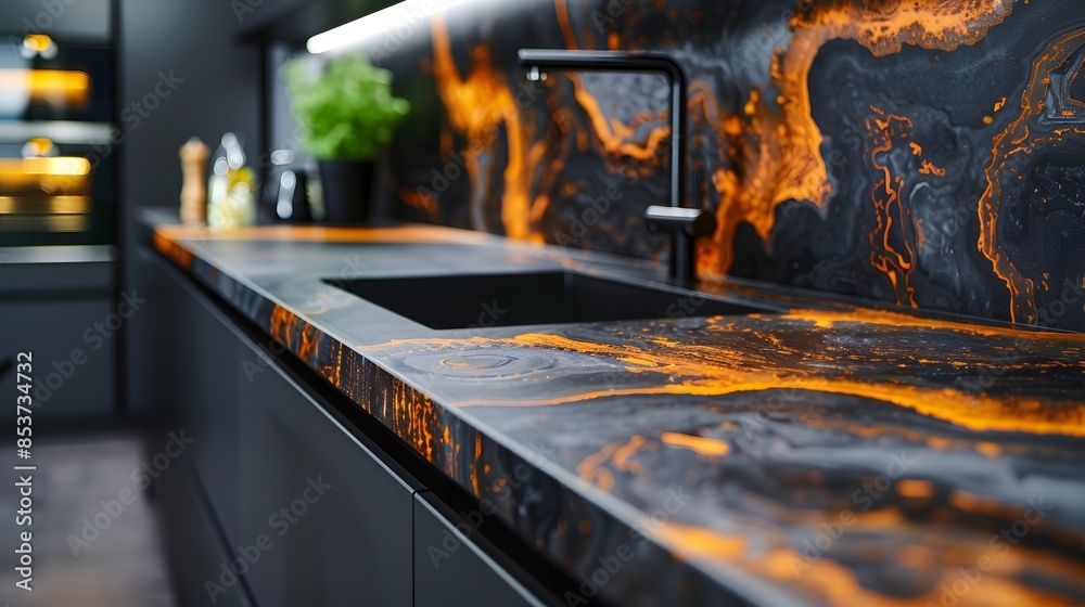 A modern kitchen with black cabinets and a striking orange marble ...