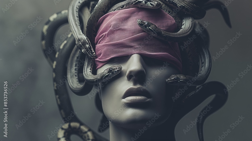 A minimalist, modern portrait of Medusa featuring a cracked, statue ...