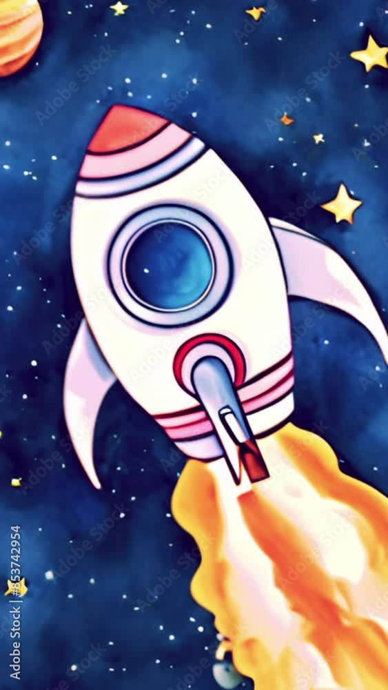 Kids drawing universe space rocket Stars and planets. pulsing in space ...