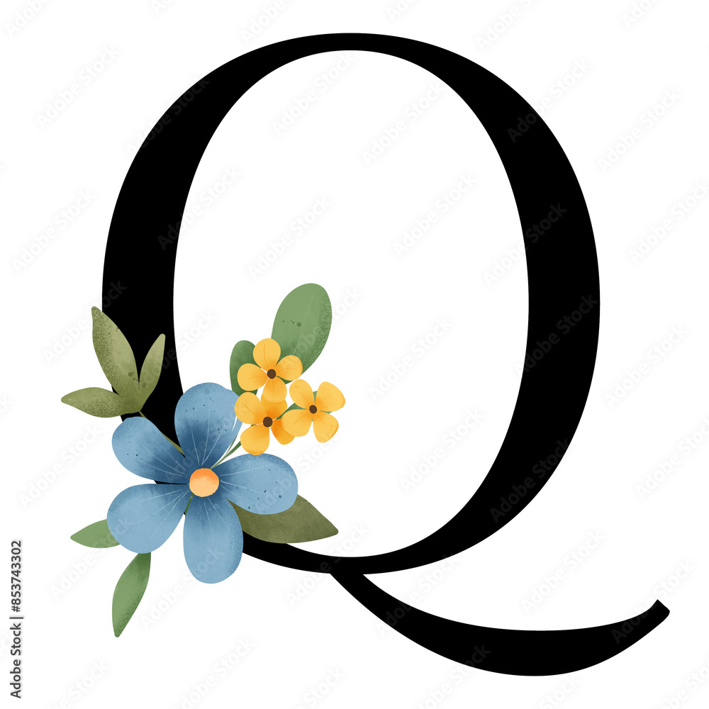 Letter Q, floral monogram with watercolor flowers and leaf. Letterhead ...