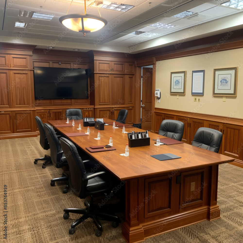 Boardroom Set Up with Cabinets, Hooks, and Folders for Meetings Stock ...