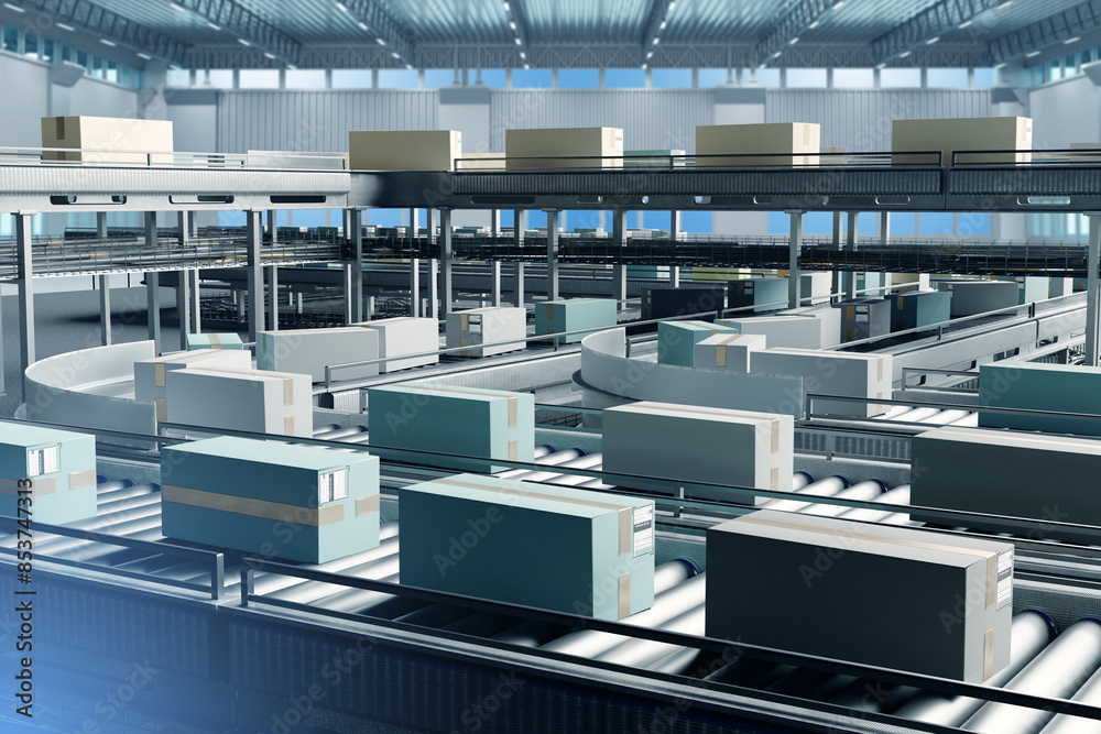 Conveyor with parcels. Production line in hangar. Automated conveyor in ...