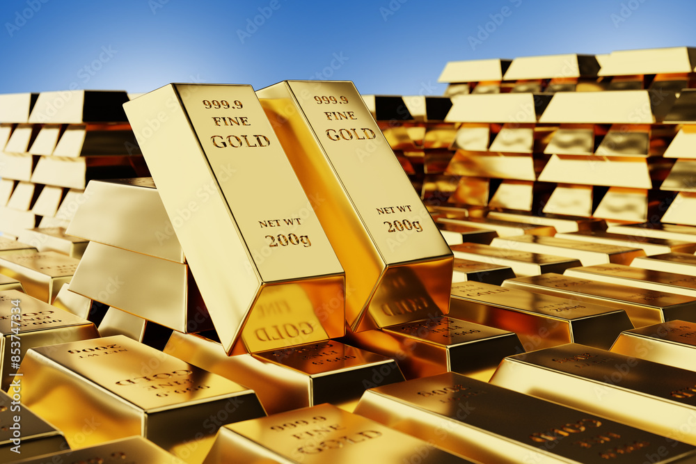 Gold bars. Warehouse golden bullions. Small ingots of precious metal ...