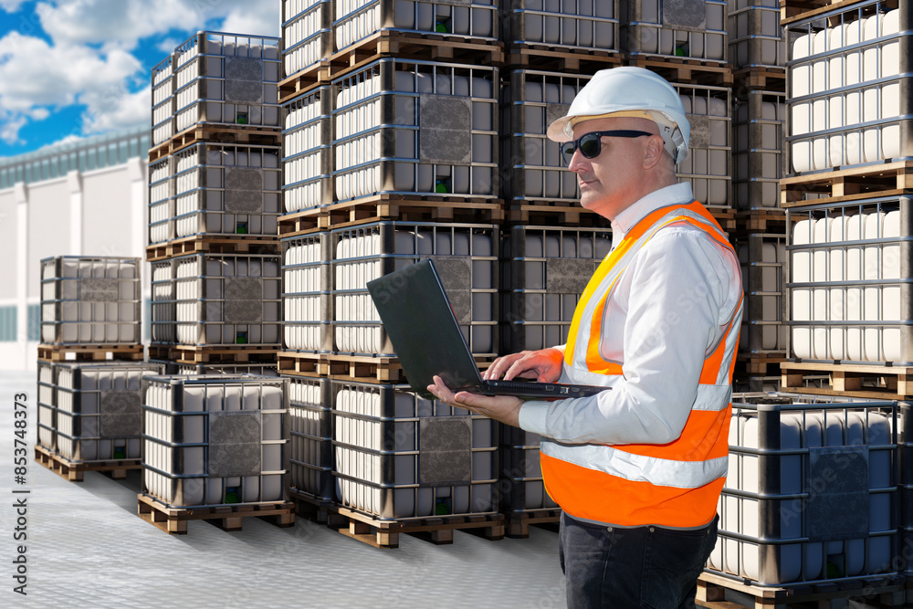 Industrial employee. Man logistician near IBC containers. Tanks with ...