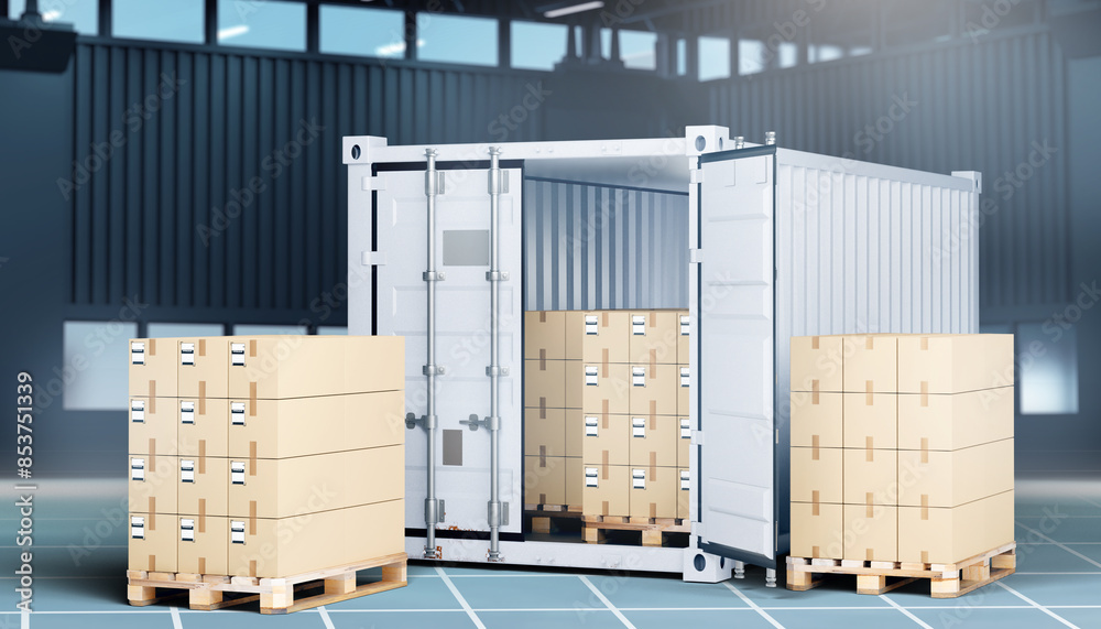 Cardboard boxes in sea container. Pallets with parcels in warehouse ...