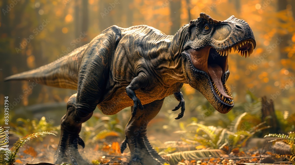 A majestic T. rex roars in a lush prehistoric forest. It shows its ...