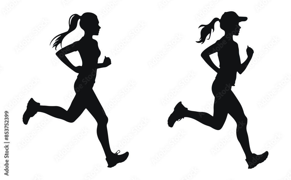 Female runners silhouettes vector black and white illustration. Women ...