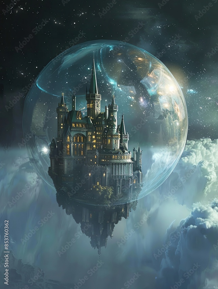 Fantasy castle floating in the sky, encased within a magical ...