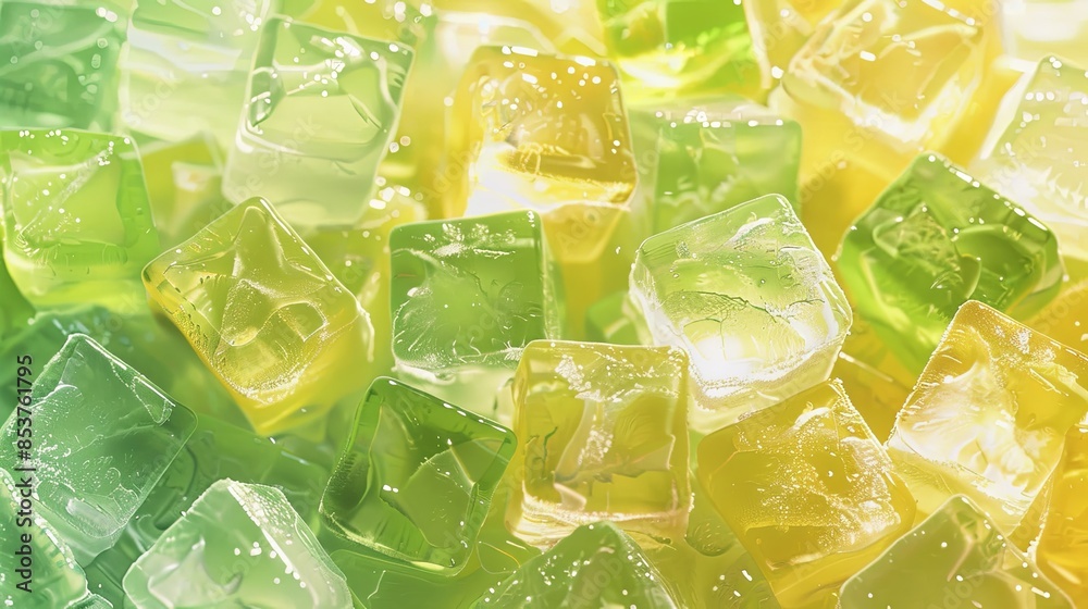 ice cubes, green and yellow colors, light lemon colors, a high ...
