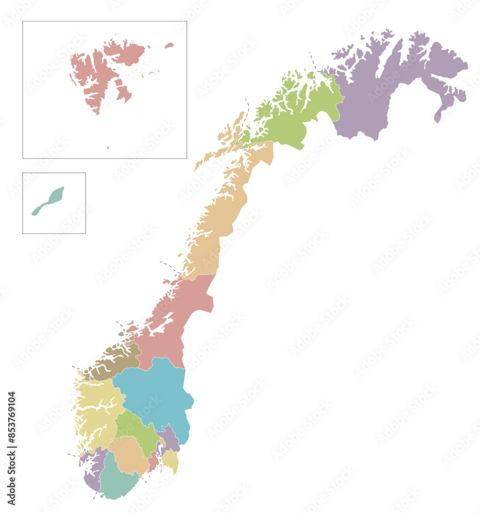 Vector regional blank map of Norway with counties and territories, and ...