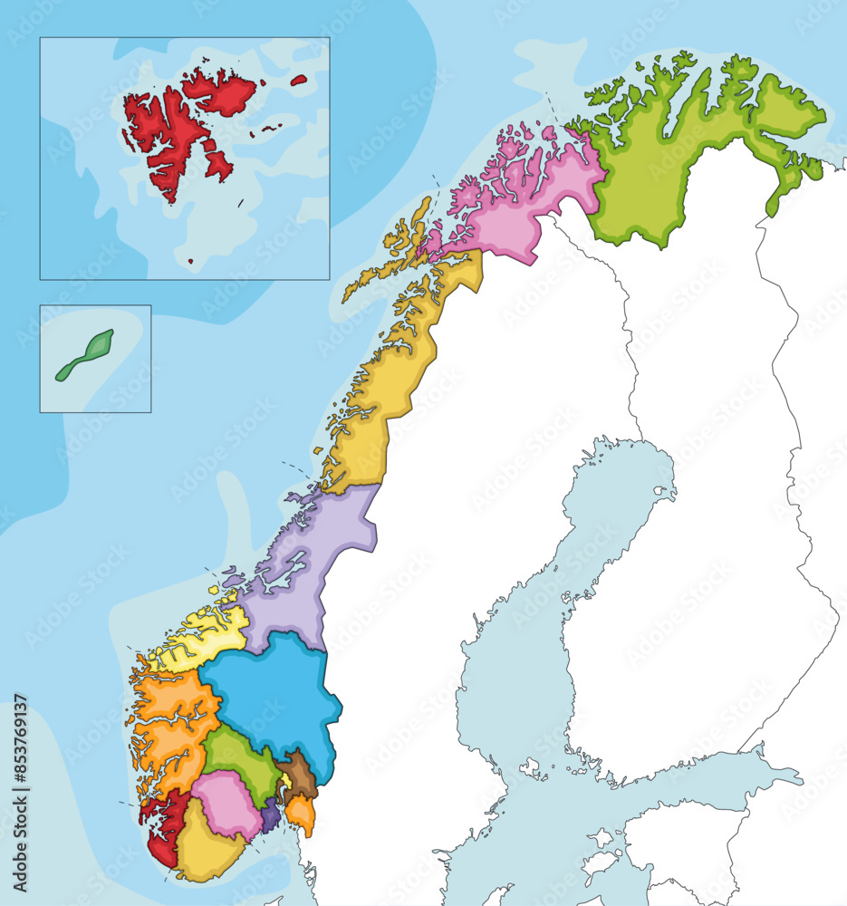Vector illustrated regional blank map of Norway with counties and ...