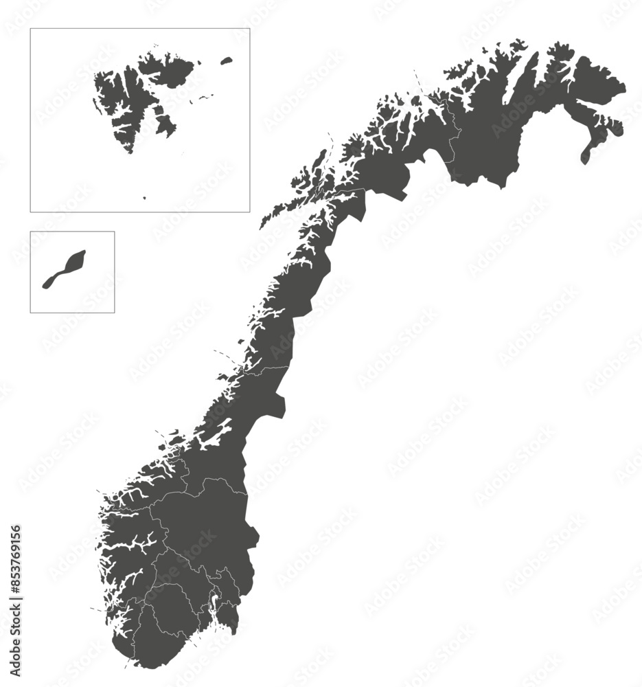 Vector regional blank map of Norway with counties and territories, and ...