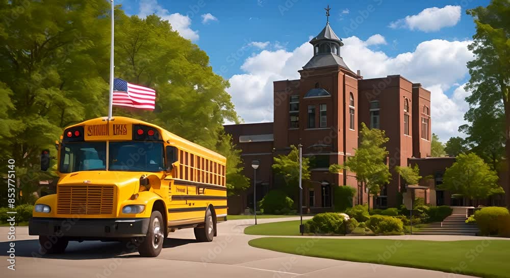 A sunny morning, a big yellow school bus, a red-brick school building ...
