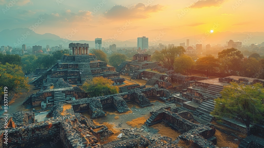Ancient Ruins in Modern Cityscape: Capture a background showing ancient ...