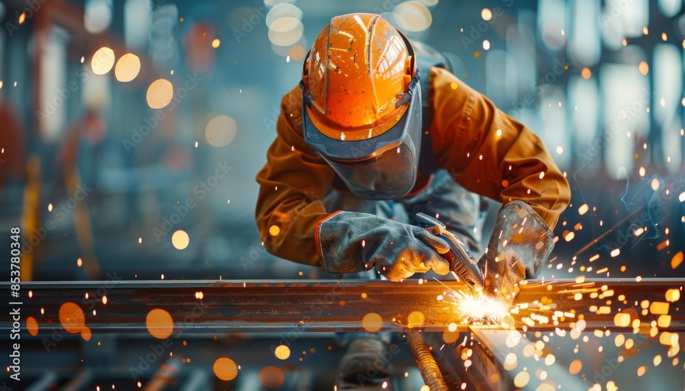 Skilled Construction Worker Welding Steel Beams - Concept of Structural ...