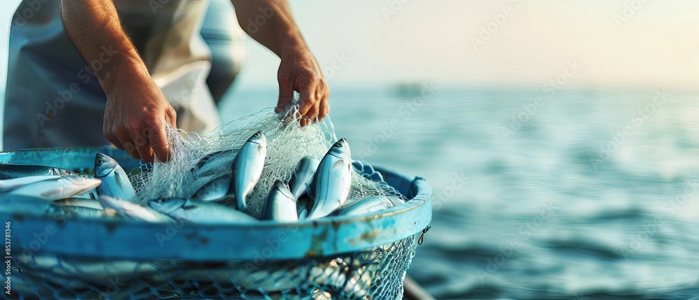Fisherman sorting freshly caught fish in a net basket with a scenic ...