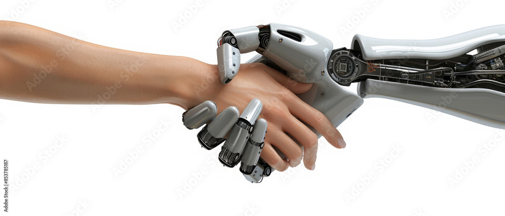 human hand handshake with robot arm working together isolated on white ...
