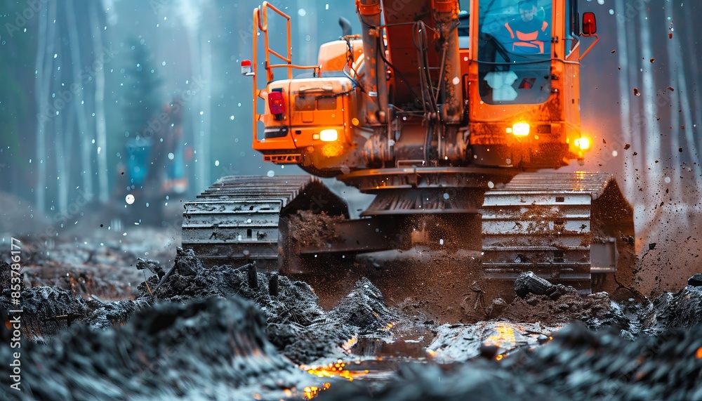 Tracking Progress: Crawler Crane Tackling Rugged Construction Site with ...