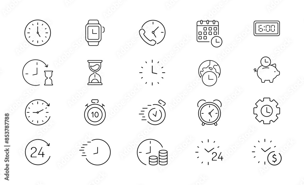 Time and clock concept vector linear icons set. Timer, alarm, calendar ...