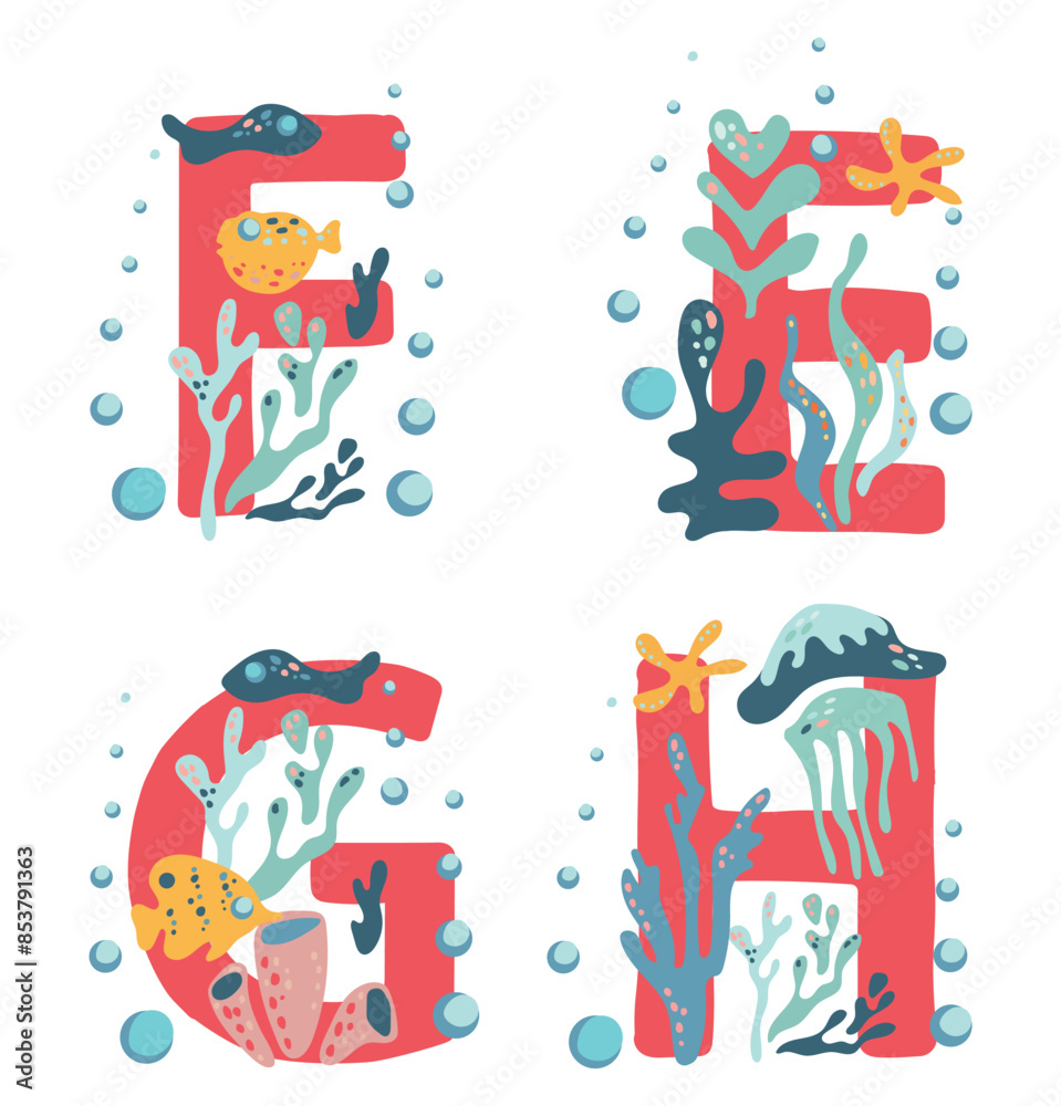 Coral capital letters F, E, G, H, decorated with algae, corals and ...