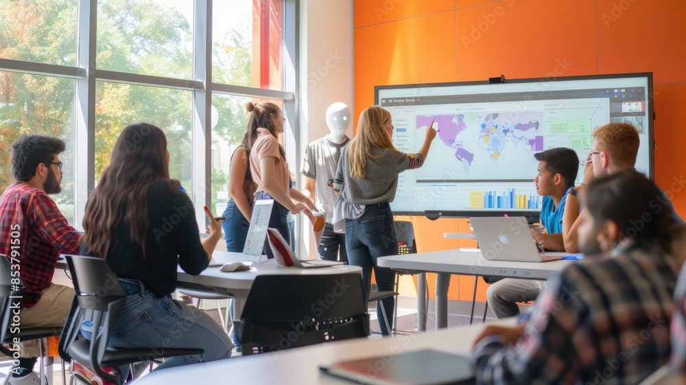 In a collaborative workspace, students brainstorm around a smartboard ...