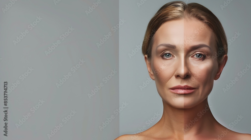 Comparative portrait of woman with smooth young face and aging wrinkled ...