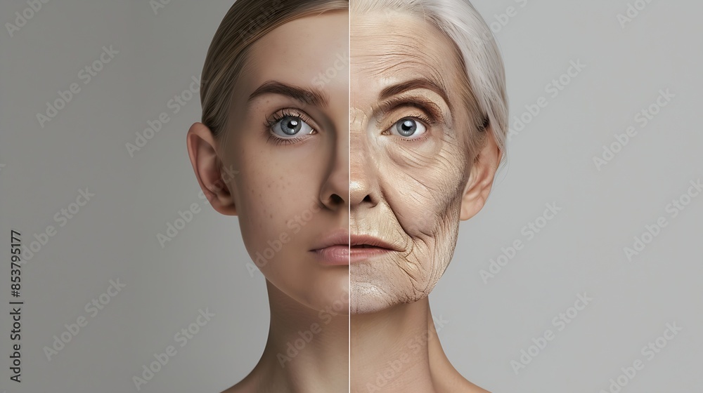 Comparative portrait of woman with smooth young face and aging wrinkled ...