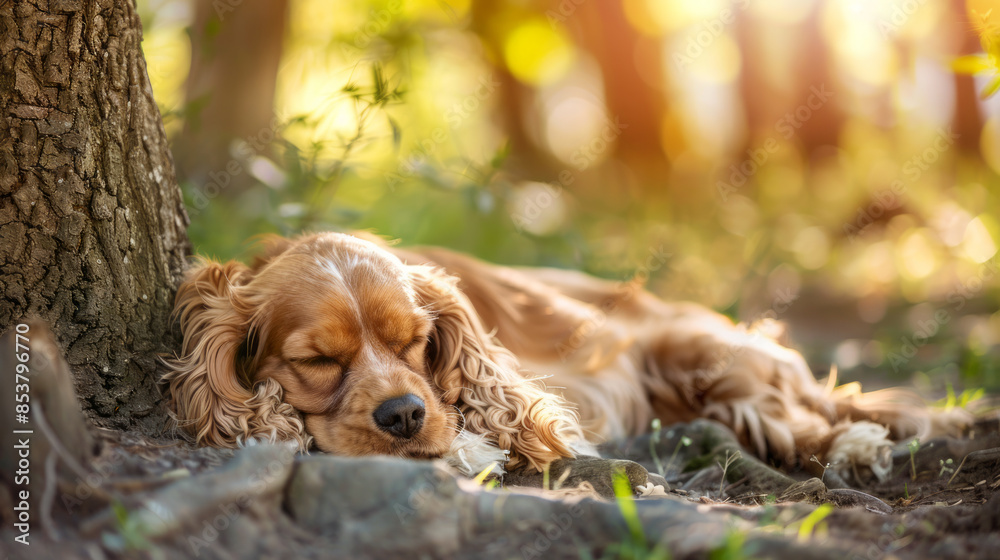 Golden Cocker Spaniel sleeping under a tree in a park or forest. Nature ...