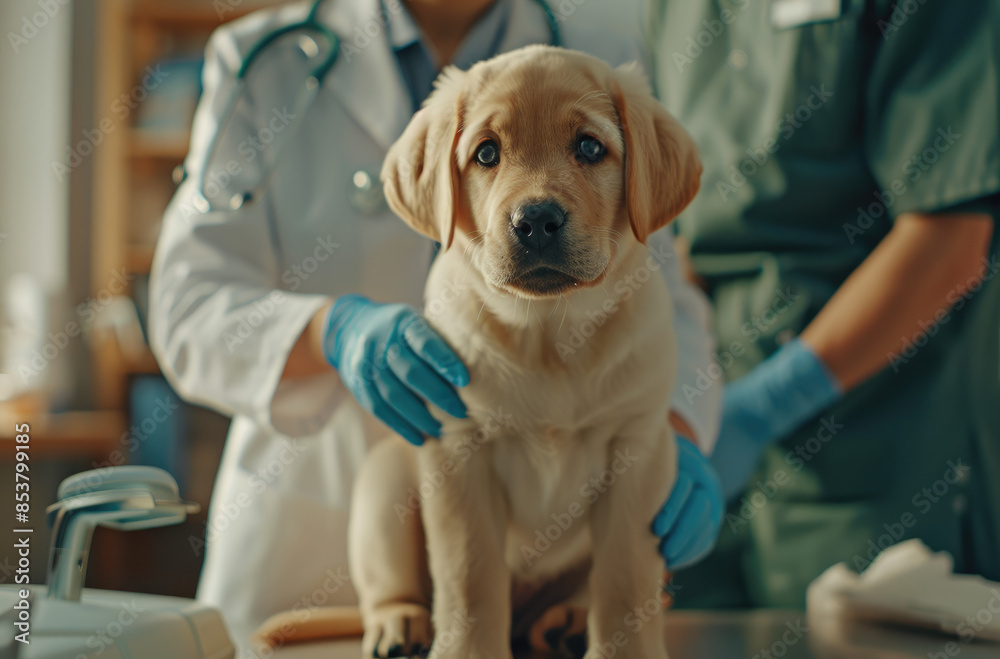 Foto de Female and male doctor wearing white coat, using stethoscope to ...