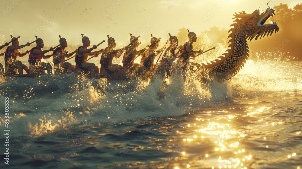 Rowers intensely paddle a dragon boat under the golden sunset, creating ...