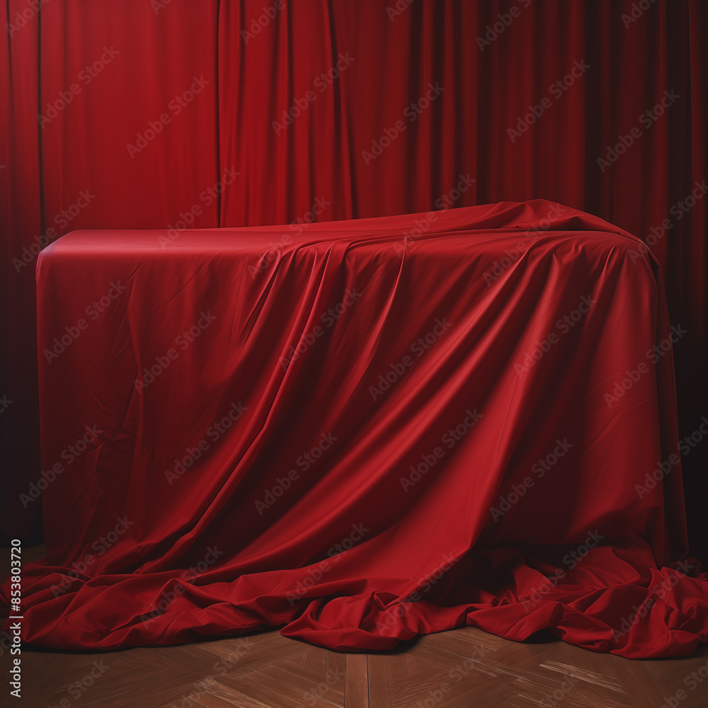 Red curtain draped over a mysterious box. A luxurious red silk curtain ...