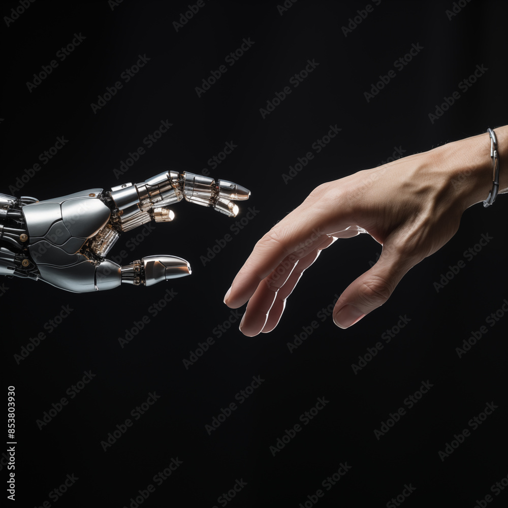 Convergence of humanity and technology, an android's hand and a human ...