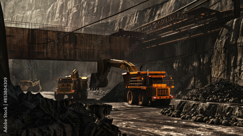 Industrial loaders operate in the depths of a cavernous mine ...