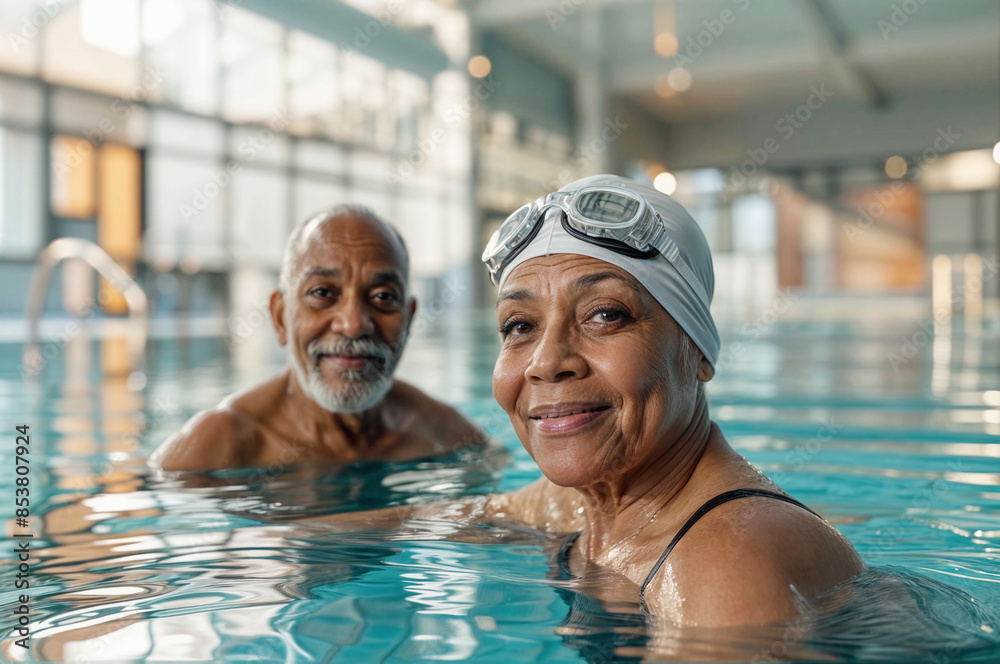 Senior black couple in swimming pool. Portrait of happy mature woman ...