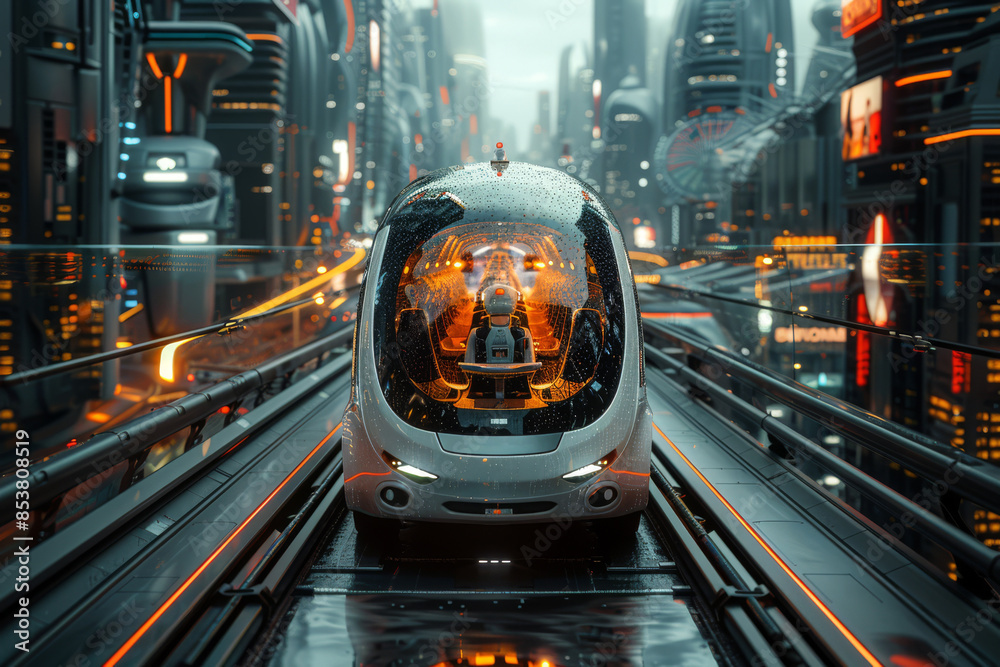 A driverless shuttle bus navigates a futuristic city, highlighting ...