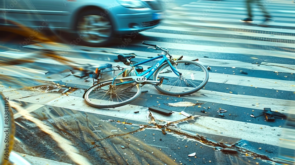 Blurred motion imagery of bike accident on busy street with moving car ...