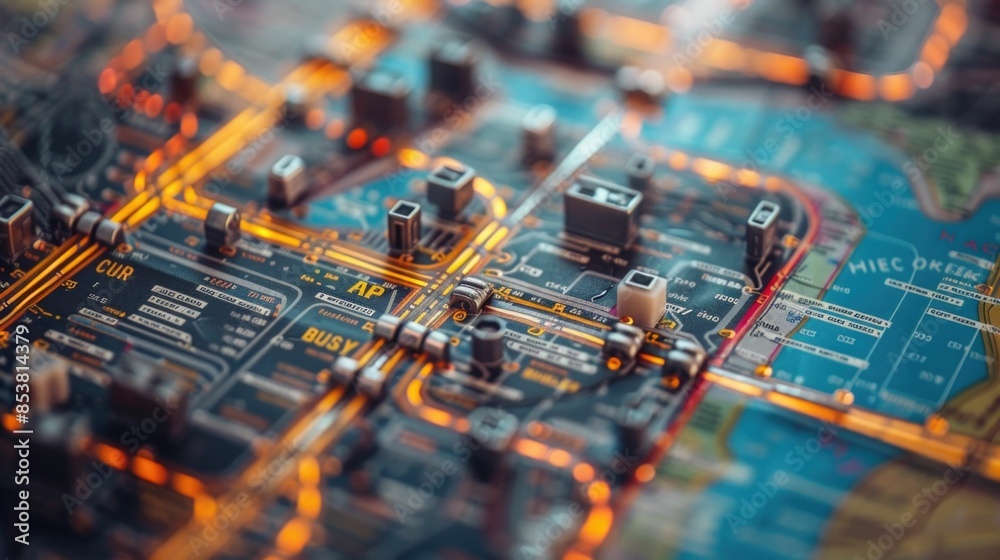 Intricate circuit board design featuring a detailed digital subway map ...