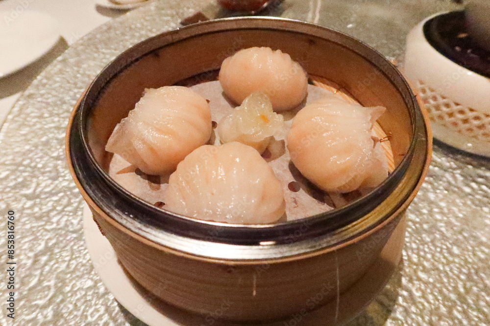 Chinese Cantonese style Dim Sum steamed crystal shrimp prawn dumpling ...