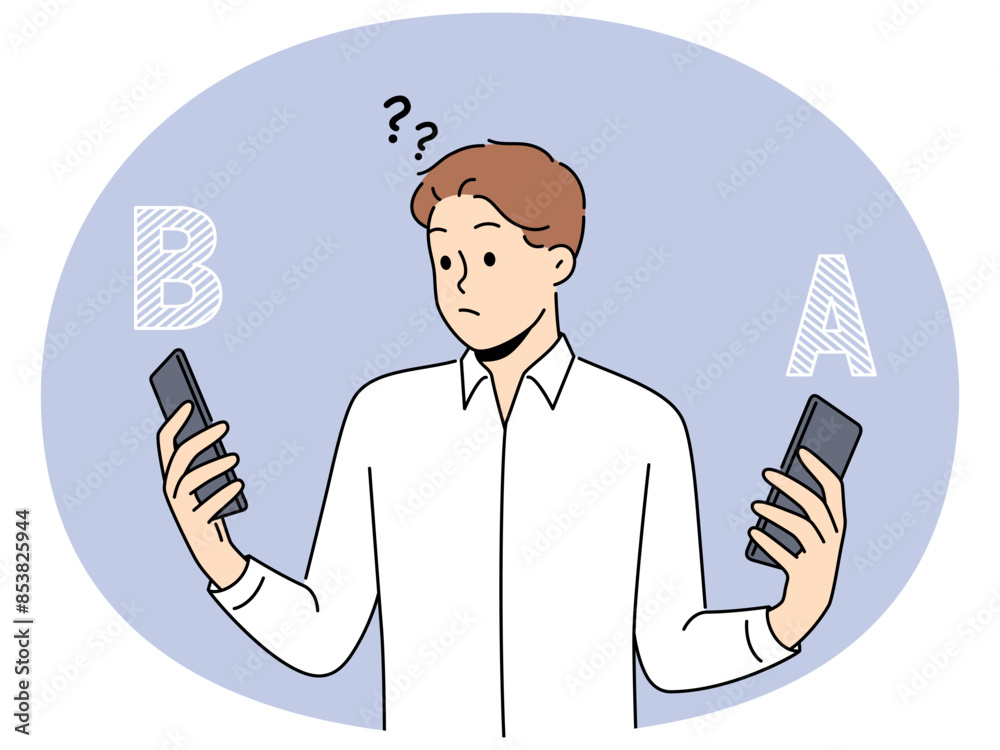 Confused man choose between different cellphones models. Frustrated ...