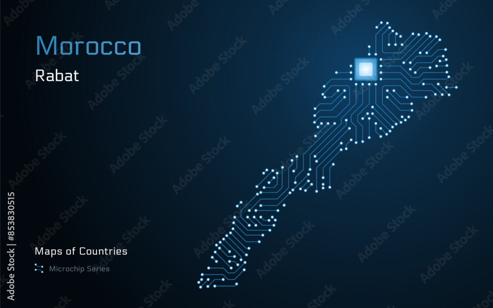Morocco Map with a capital of Rabat Shown in a Microchip Pattern with ...