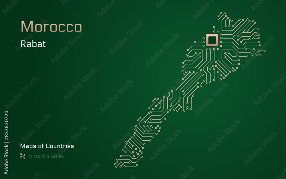 Morocco Map with a capital of Rabat Shown in a Microchip Pattern with ...