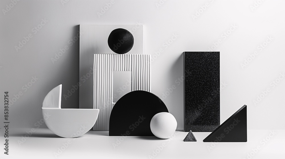 Minimalist abstract composition with black and white geometric shapes ...