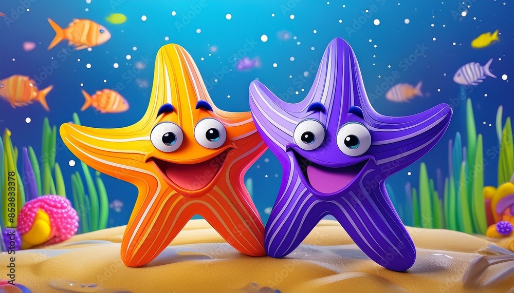 Dos alegres y divertidas estrellas de mar en el fondo del océano hechas ...