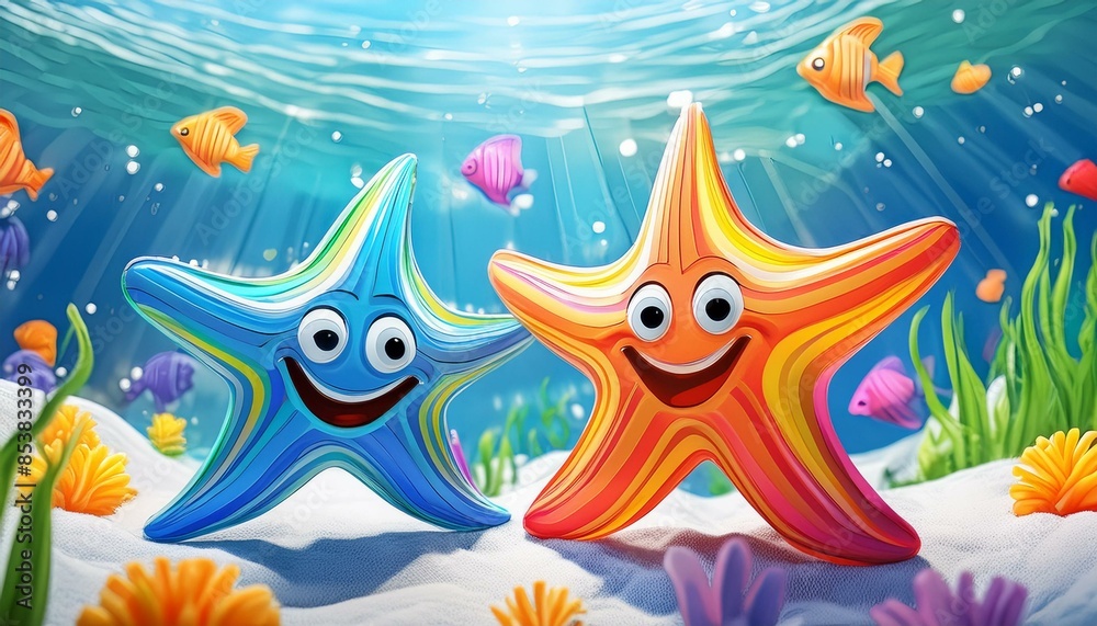 Dos alegres y divertidas estrellas de mar en el fondo del océano hechas ...
