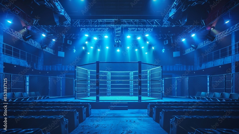 ภาพประกอบสต็อก Vacant MMA venue featuring a central cage, full seating ...