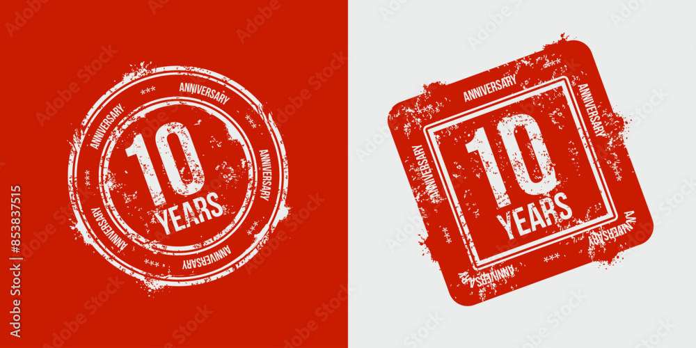 Group of 10th anniversary logos drawn as stamps, red frames for ...