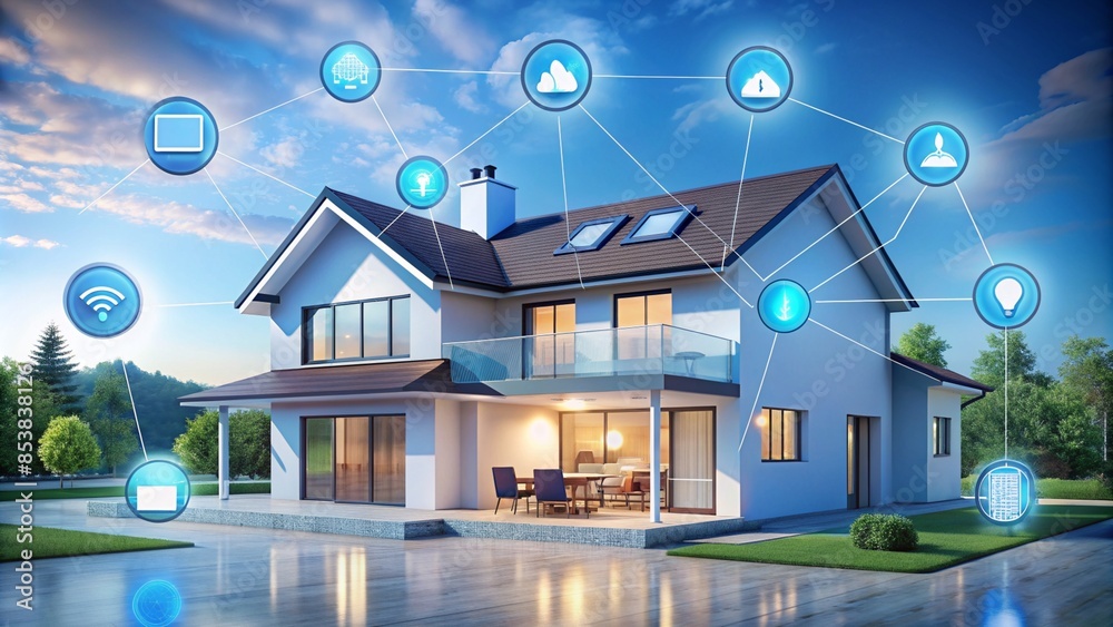Futuristic generic smart home with solar panels on roof system for ...