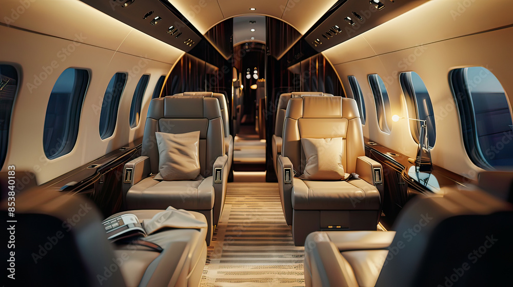 Hyper-realistic view of a modern business jet aircraft interior cabin ...